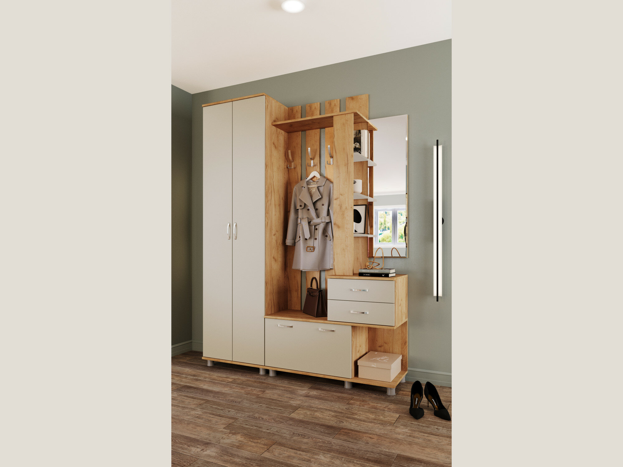 Модульная прихожая, современный стиль, Крафт золотой/Кашемир