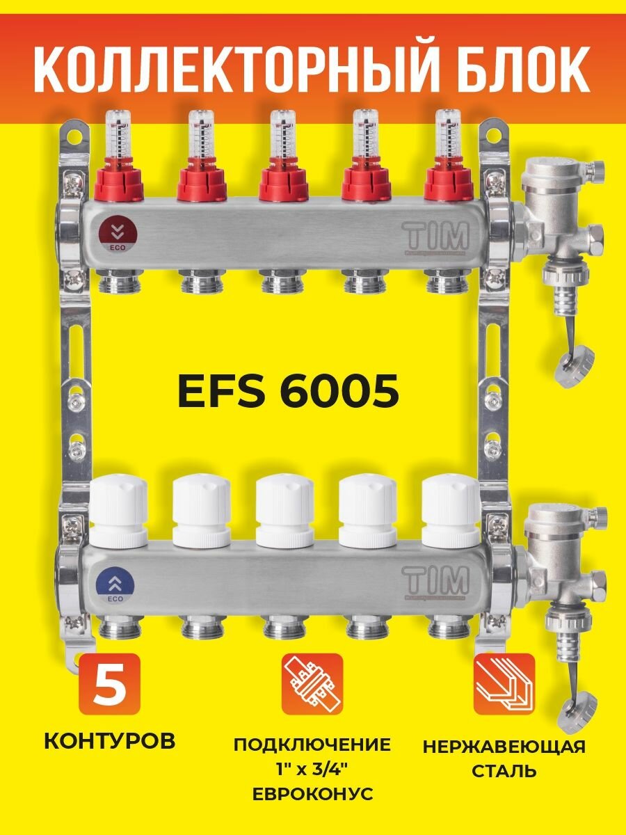 Коллекторный блок TIM на 5 выходов из нержавеющей стали с регулирующими клапанами и расходомерами 1*3/4 ЕК