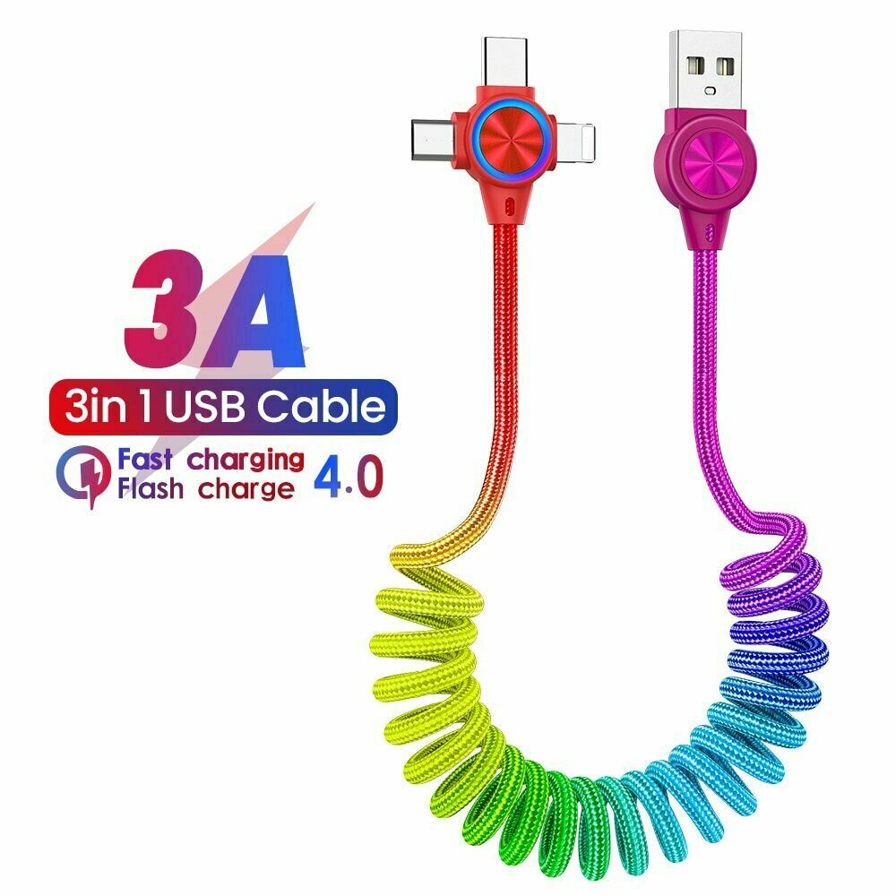 3в1 пружинный 3A кабель для быстрой зарядки для iPhone Micro Type C 8-контактный зарядный шнур для Xiaomi Huawei Poco вы