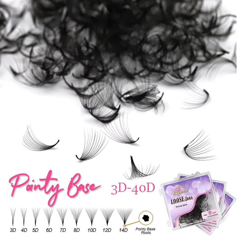 Aguud Ресницы пучки D изгиб 10 мм, 3D (500-600 Fans) черные