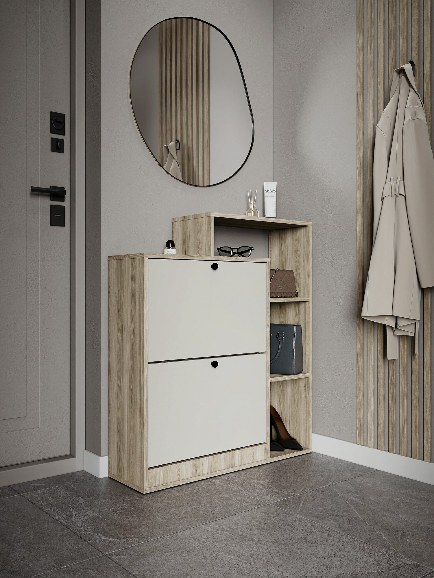 Обувница для прихожей, полка для обуви закрытая, Унга, Дуб гарден светлый/Кашемир, (ШхВ. Г) 85х100х25 см