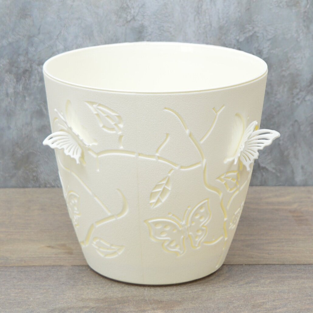 Горшок цветочный «Butterflies» 2,5 л, диаметр 175 мм, молочный, круглый, двойной дренаж, ручки, пластик, объём 2,5 л