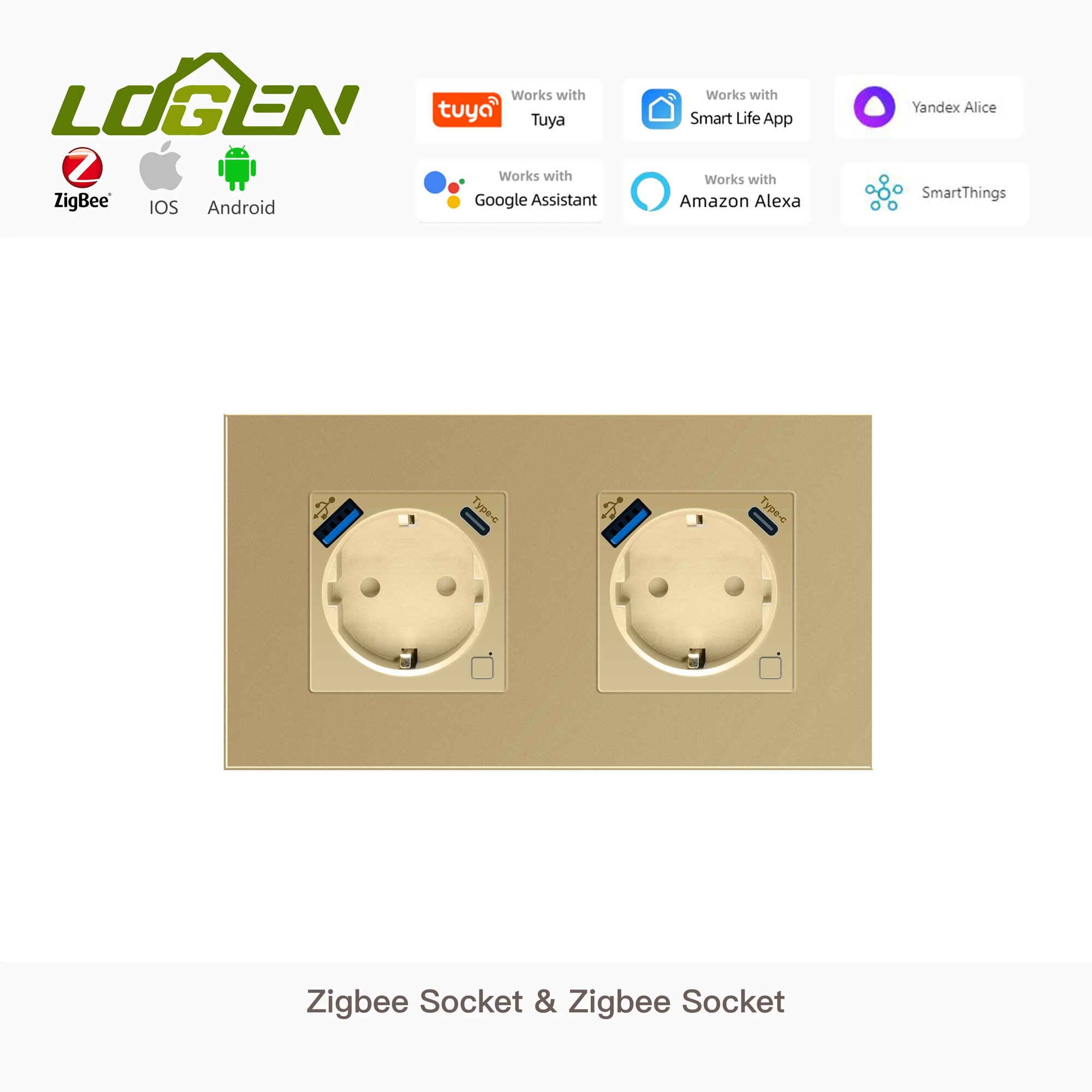 LOGEN Zigbee EU Настенная розетка Мониторинг энергии Двойные тройные умные розетки Type-C USB Таймер Расписание Tuya Alexa 220 В Стеклянная панель, 220 В, Zigbee Gold Double