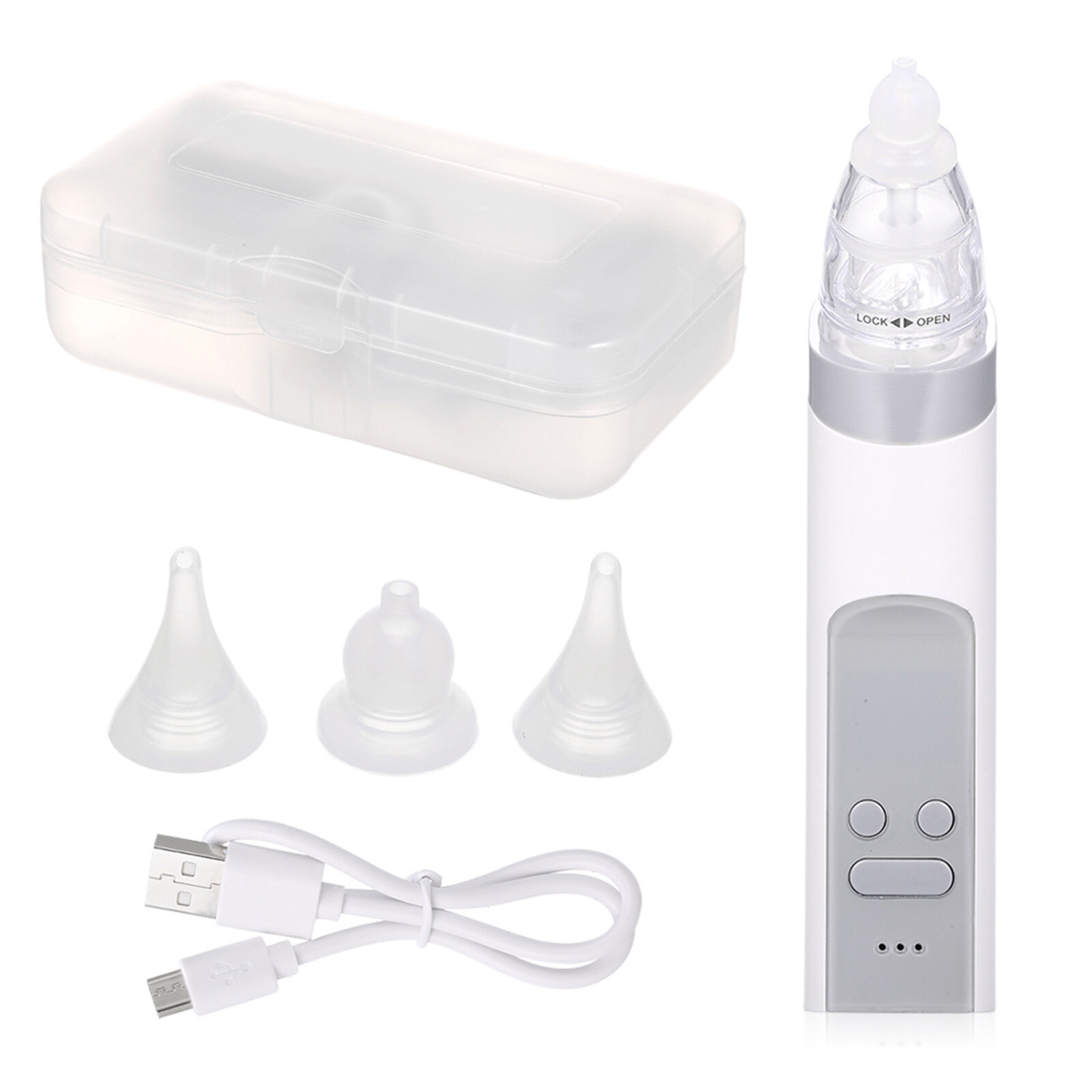 Нasal Aspirator электрический для детей USB зарядка материал ABS и силикон насос 65KPa цвет белый размер упаковки 17*11*6cm вес 310g в комплект входят 1 Насал Аспиратор 3 силиконовые насосные насадки 1 USB кабель 1 инструкция 1 упаковочный бокс
