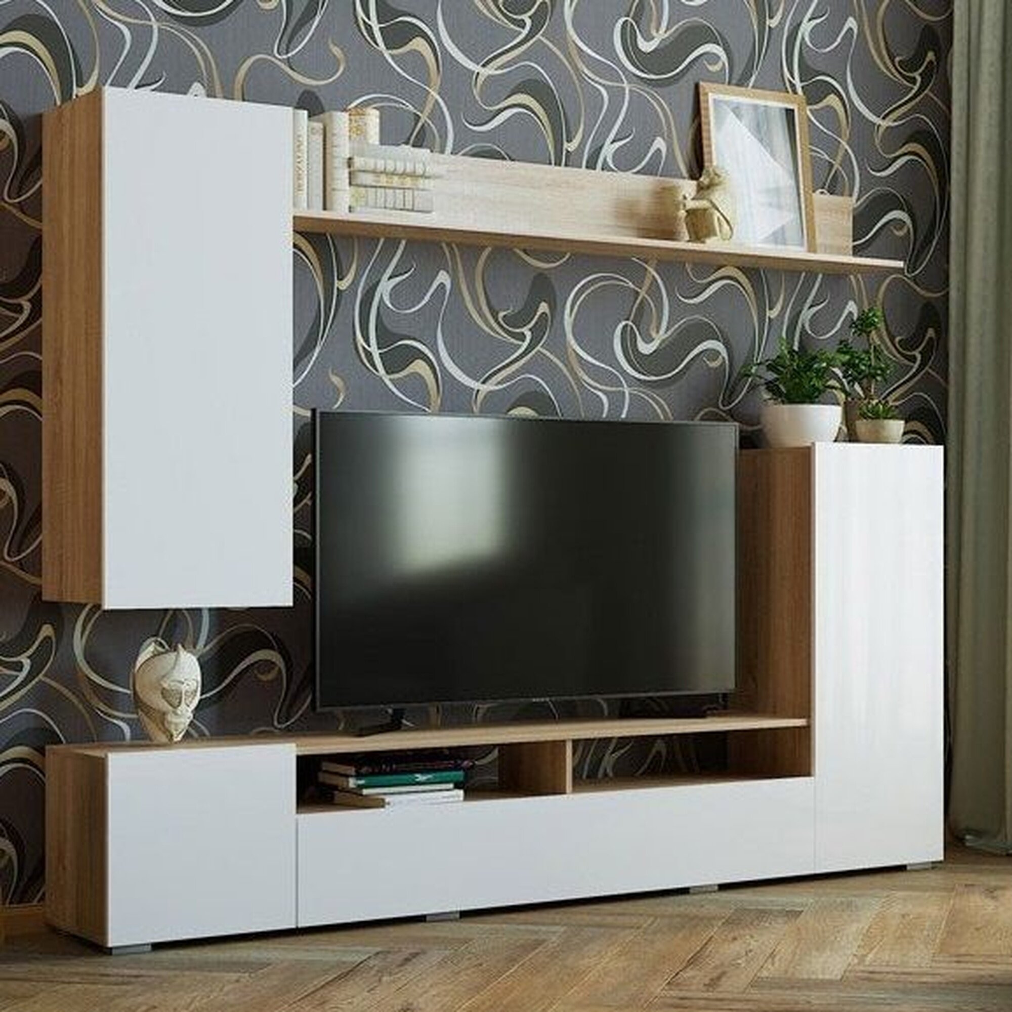 Стенка для гостиной памир МИЯ (Дуб сонома/Белый глянец), ЛДСП