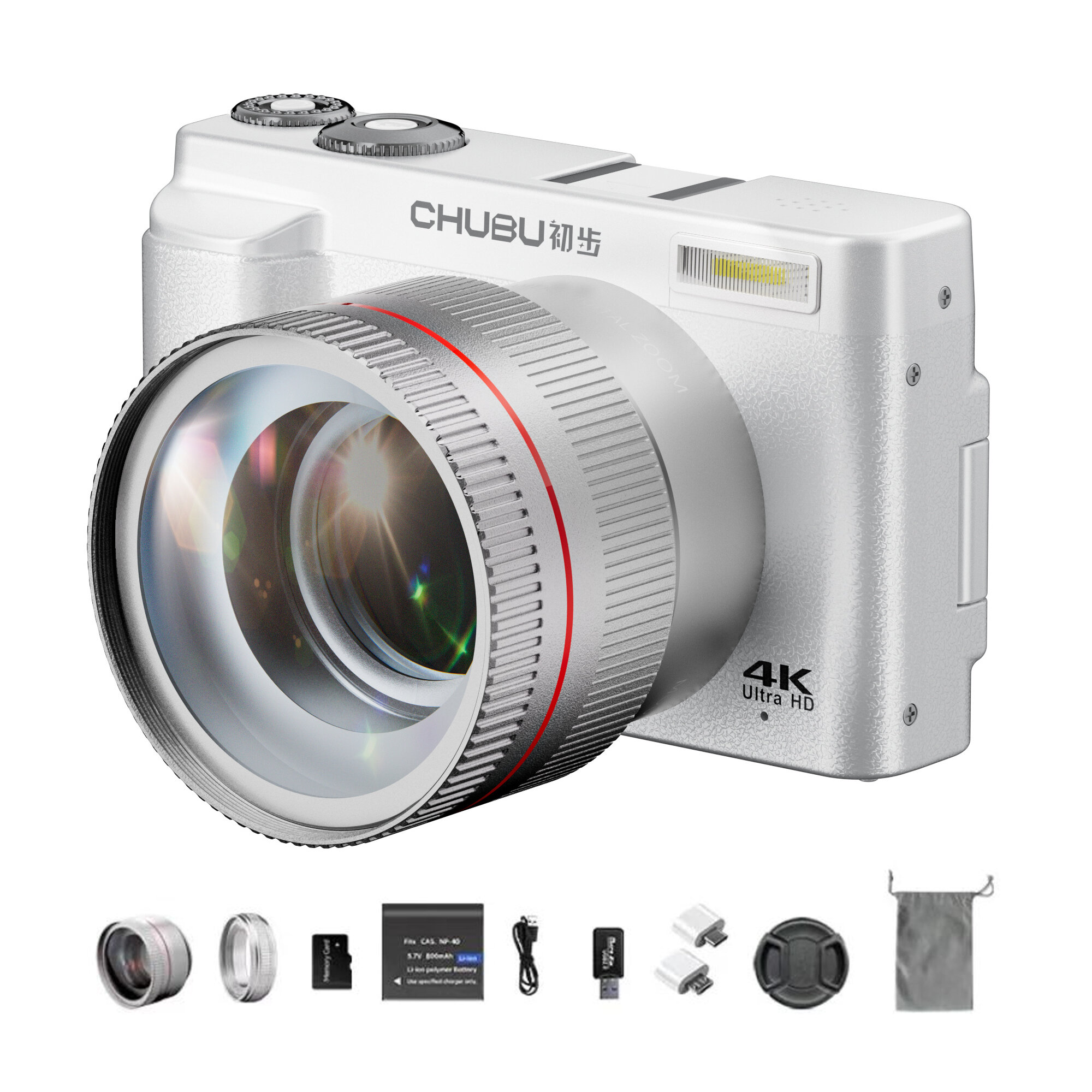 Цифровой фотоаппарат CHUBU DC 101 L AF, белый, 4K Ultra HD, 64G Internal Memory Card, [Official standard + wide-angle lens]