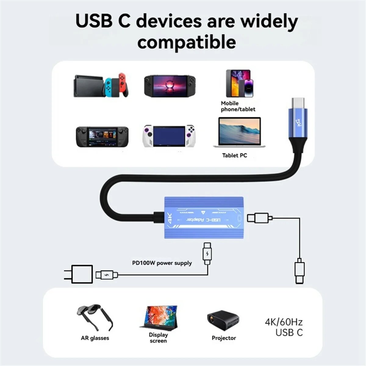 # 604X адаптер USB типа C к HDMI для очков XREAL/Rokid Air AR, конвертер 4K @ 60 Гц для коммутатора/Steam Deck/ROG (синий)