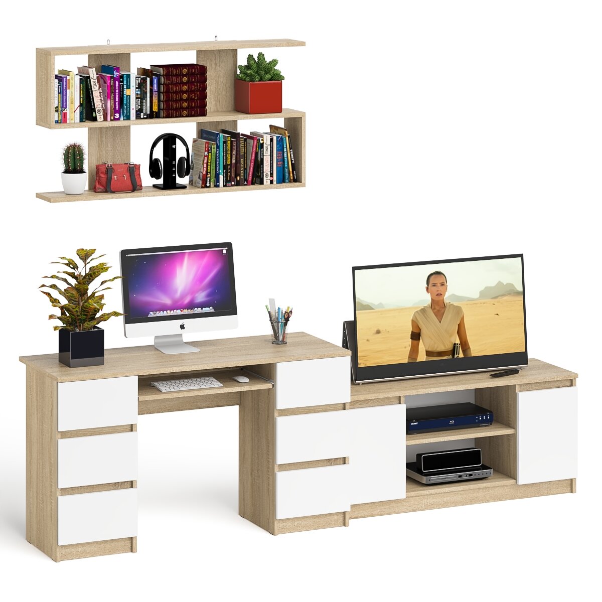 Письменный стол Мори МС-2 с ТВ-тумбой 1200 и навесной полкой 1200, дуб сонома/белый, 255,8х50х209,6 см.