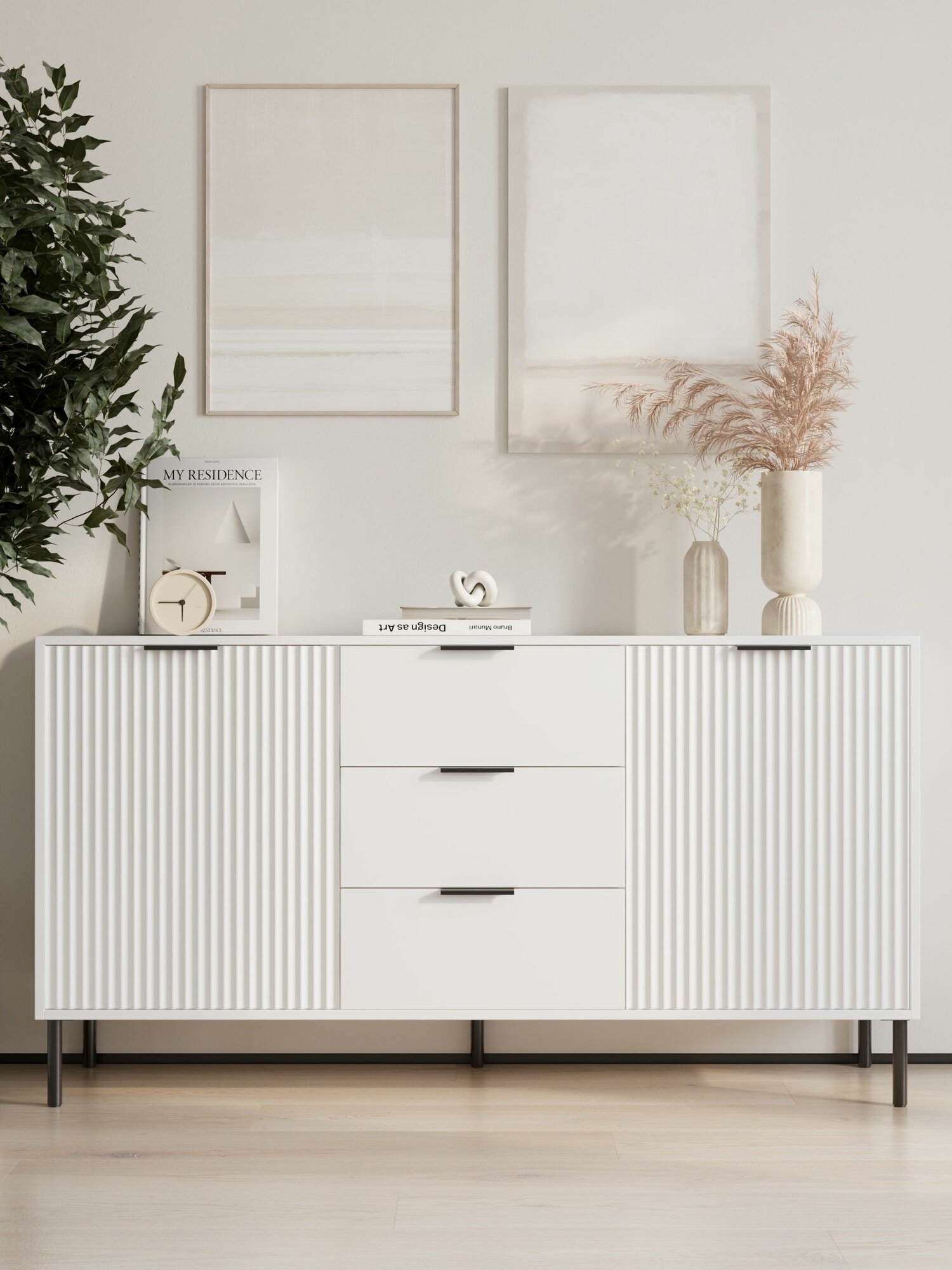 Комод для одежды с выдвижными ящиками BORDO Raenyra, 150х80х40 см, белый с черной фурнитурой