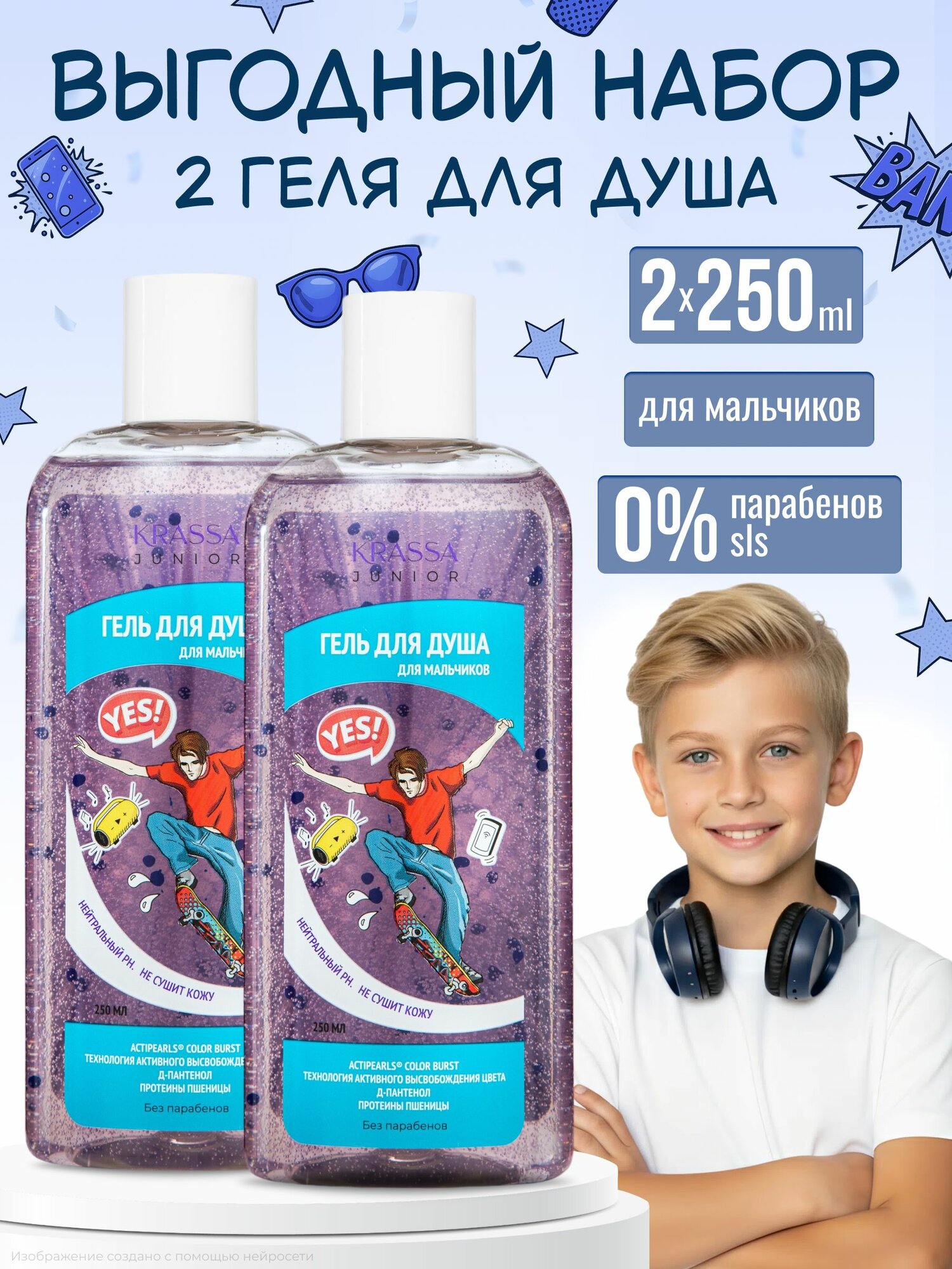 KRASSA JUNIOR Гель для душа детский для мальчиков, 2шт х 250мл