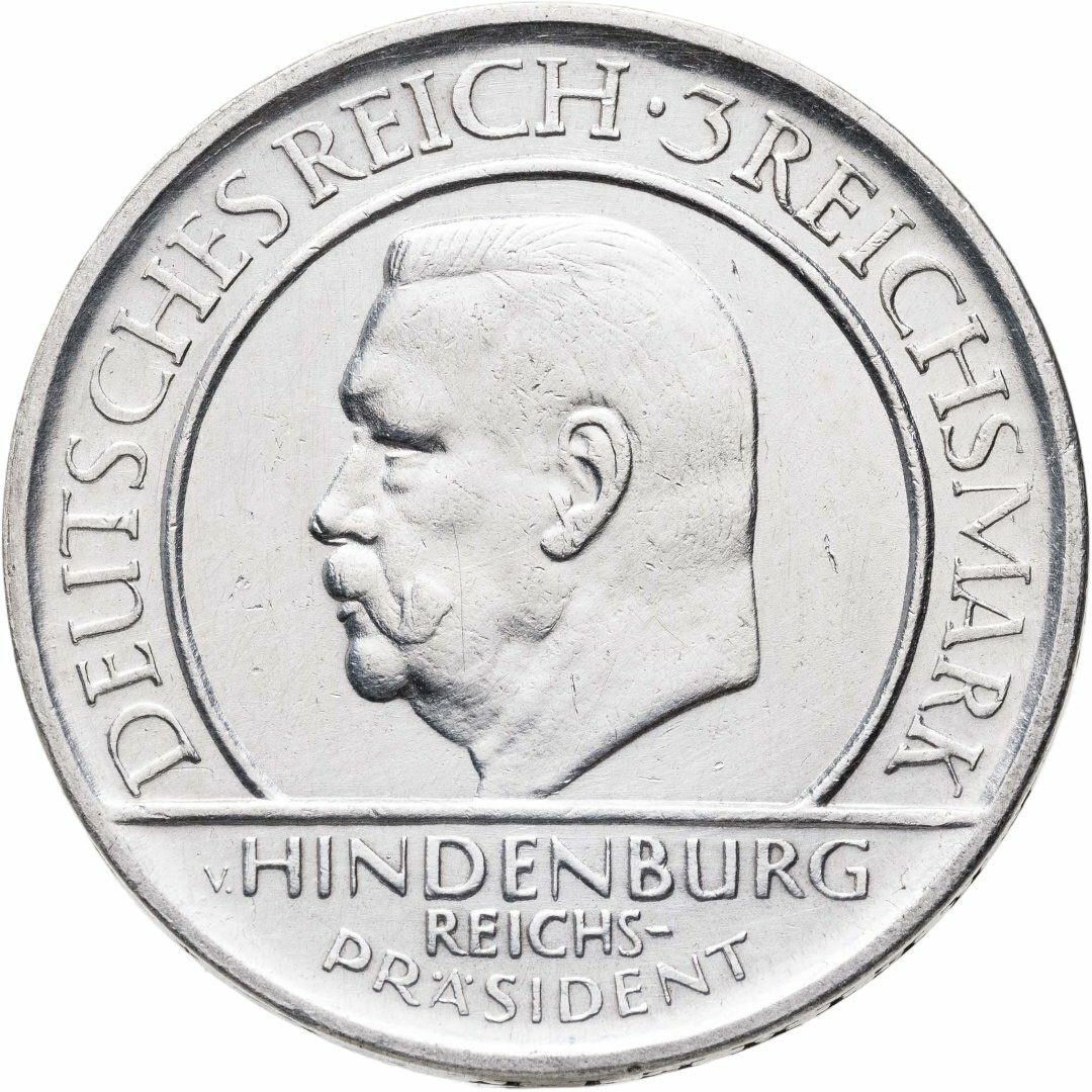 Германия 3 рейхсмарки reichsmark 1929 G 10 лет Веймарской конституции / Клятва / Гинденбург знак монетного двора "G" — Карлсруэ, Серебро 500, в сохранности XF