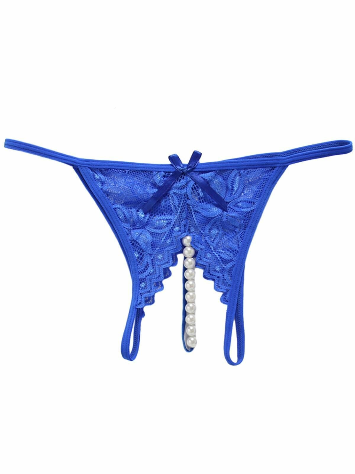 Женские стринги G-стринг с кружевом и жемчугом, Синий - Один размер