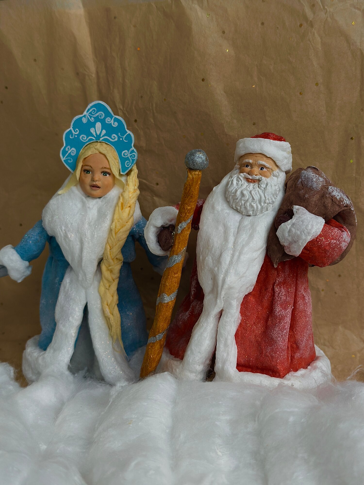 Елочные игрушки из ваты, ручная работа, «Дед Мороз и Снегурочка»