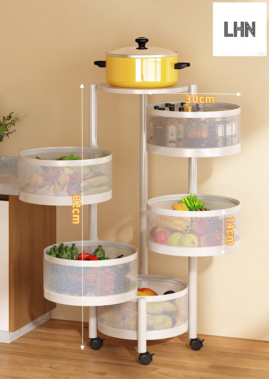 Этажерка круглая, на колесиках, высота 82 см, шестиуровневая, с поворотными полками, белый