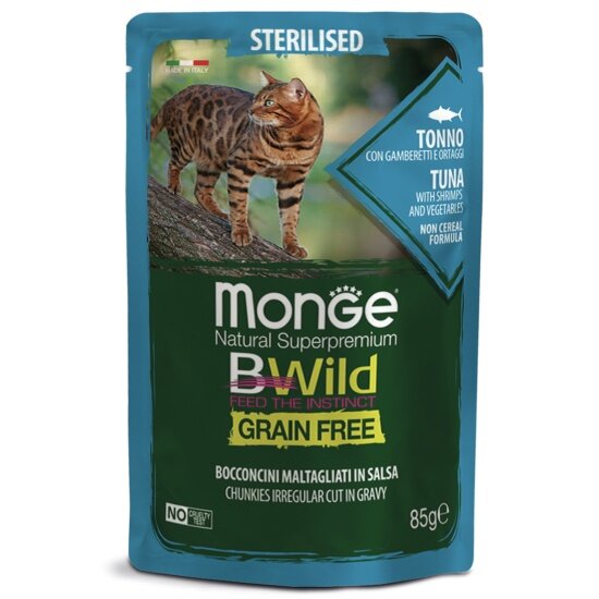 Влажный корм для стерилизованных кошек Monge Cat BWild GRAIN FREE беззерновой, из тунца с креветками и овощами 85 г