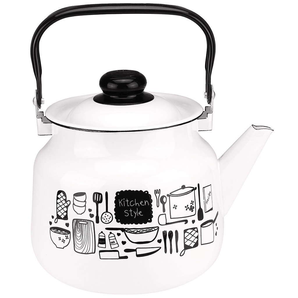 Чайник Лысьвенские эмали "Kitchen", эмалированный, 3,5 л, металлическая крышка, подвижная металлическая ручка, белый (01-2713/4-Kitchen)