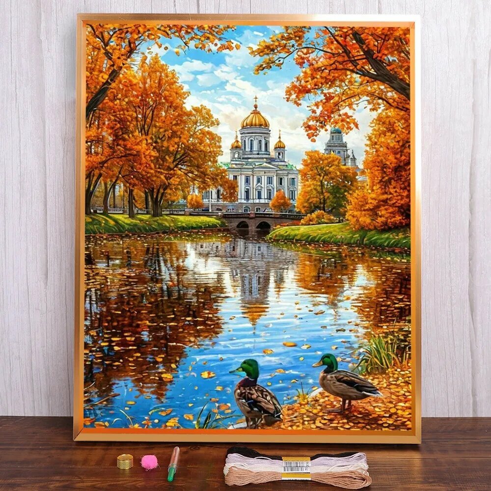 MEIAN Набор для вышивания,30x40CM,14CT, Озеро рядом с опавшими листьями