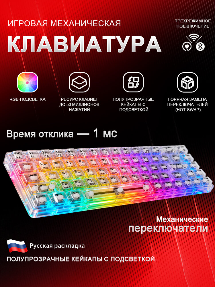 Прозрачная механическая клавиатура 75 клавишная трехрежимная