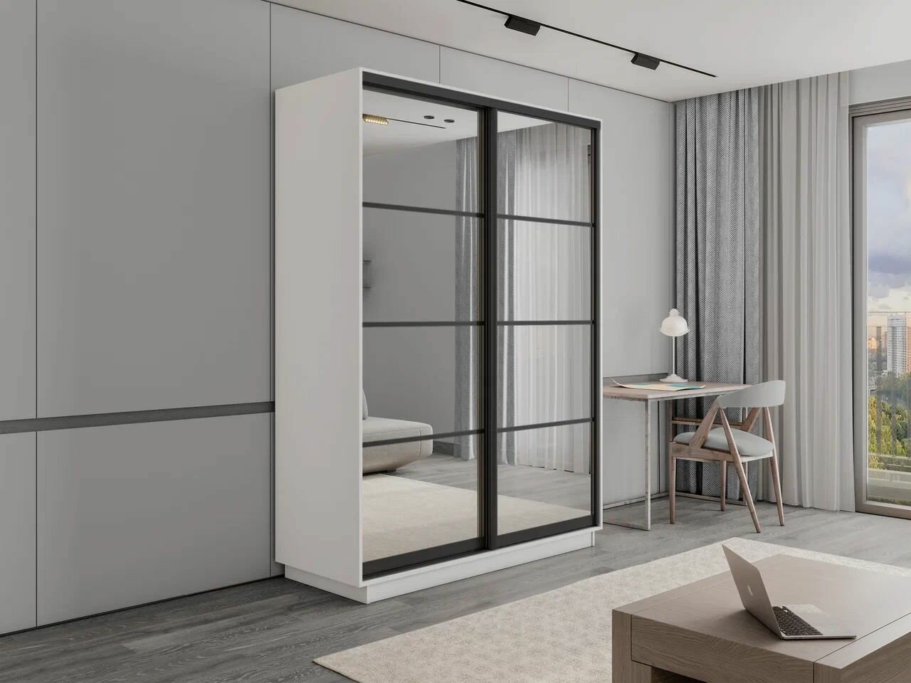 Шкаф-купе Экспресс 1,6м, высокий 2,4м и узкий 44см, Зеркало/Белый снег/Черный профиль