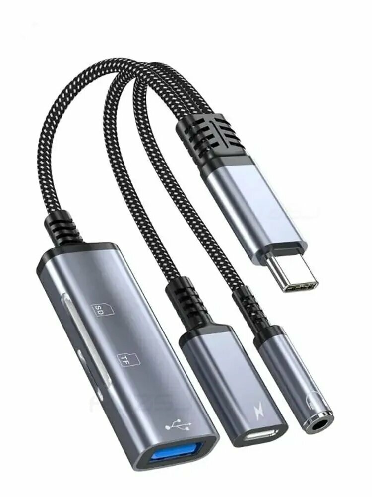 5 in1 USB C Splitter для двойного типа Type C to 3.5mm USB SD TF Headphone Jack Аудио адаптер PD 60W Быстрое зарядное устройство для Samsung Huawei iPhone15 16 Xiaomi