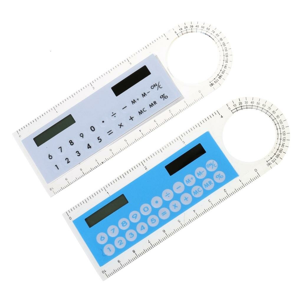 Многофункциональная канцелярия с солнечным калькулятором, линейкой, лупой и транспортиром, светло -голубой белый