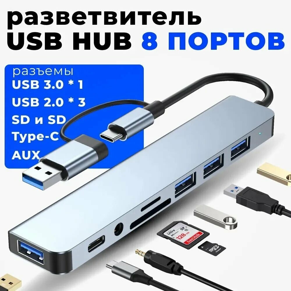 USB-хаб 3.0 на 8 портов USB-разветвитель и концентратор для одновременного подключения флешек, зарядных устройств, периферии к компьютеру, ноутбуку, ПК