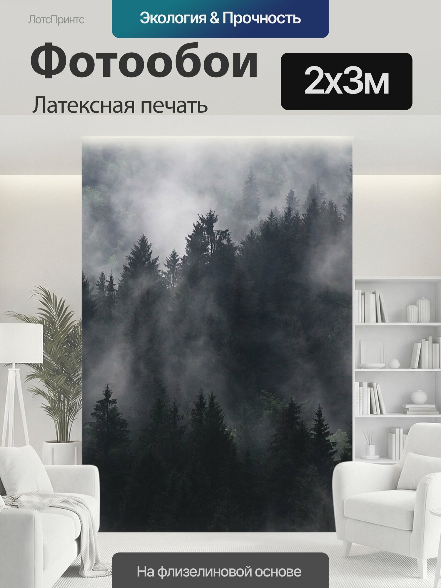 Фотообои моющиеся ударопрочные "Елей, туман, лес" 200x300 см. латексная печать