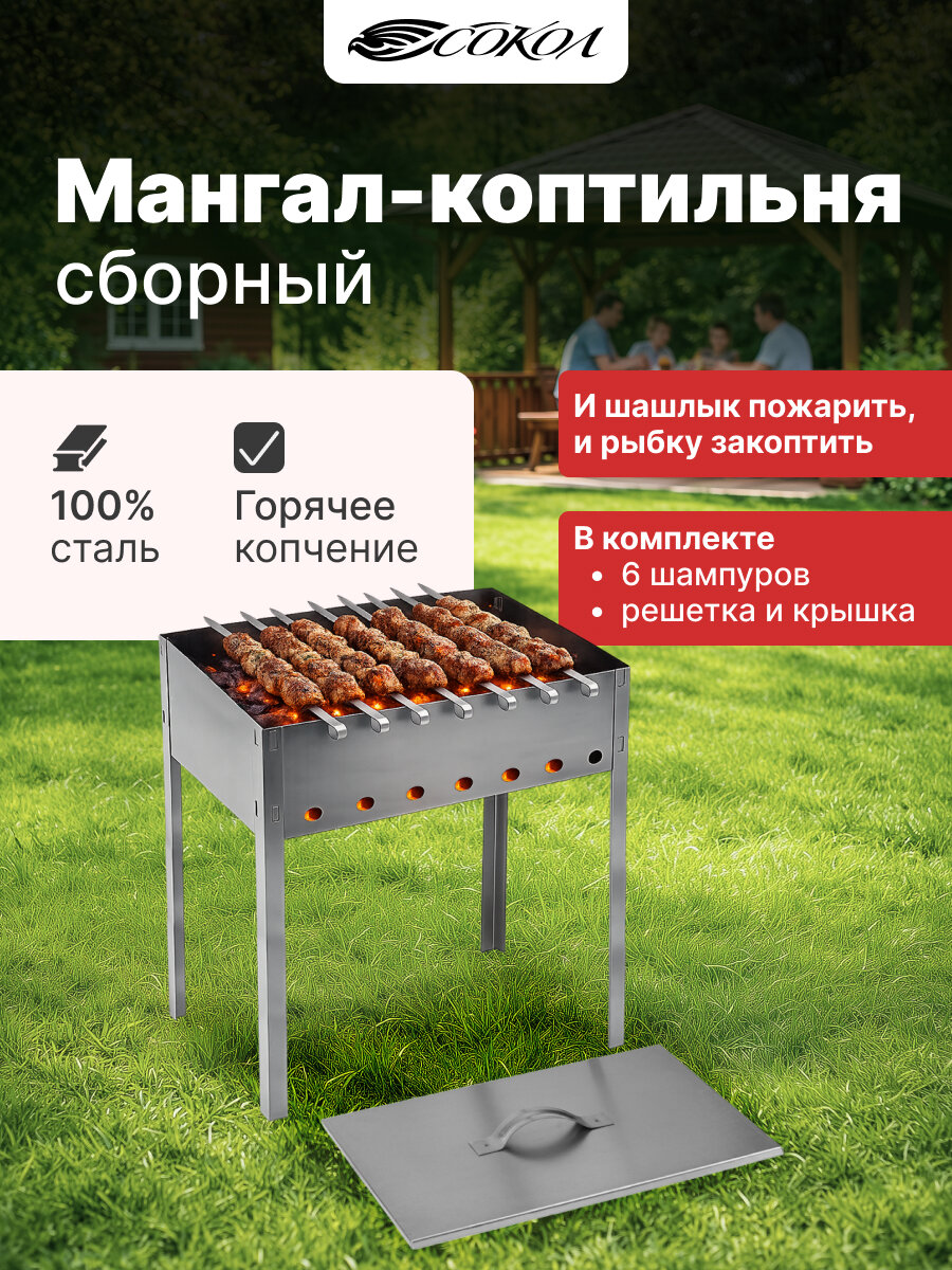 Мангал-коптильня сборный Эконом 400х250х400мм, с 6 шампурами, сокол