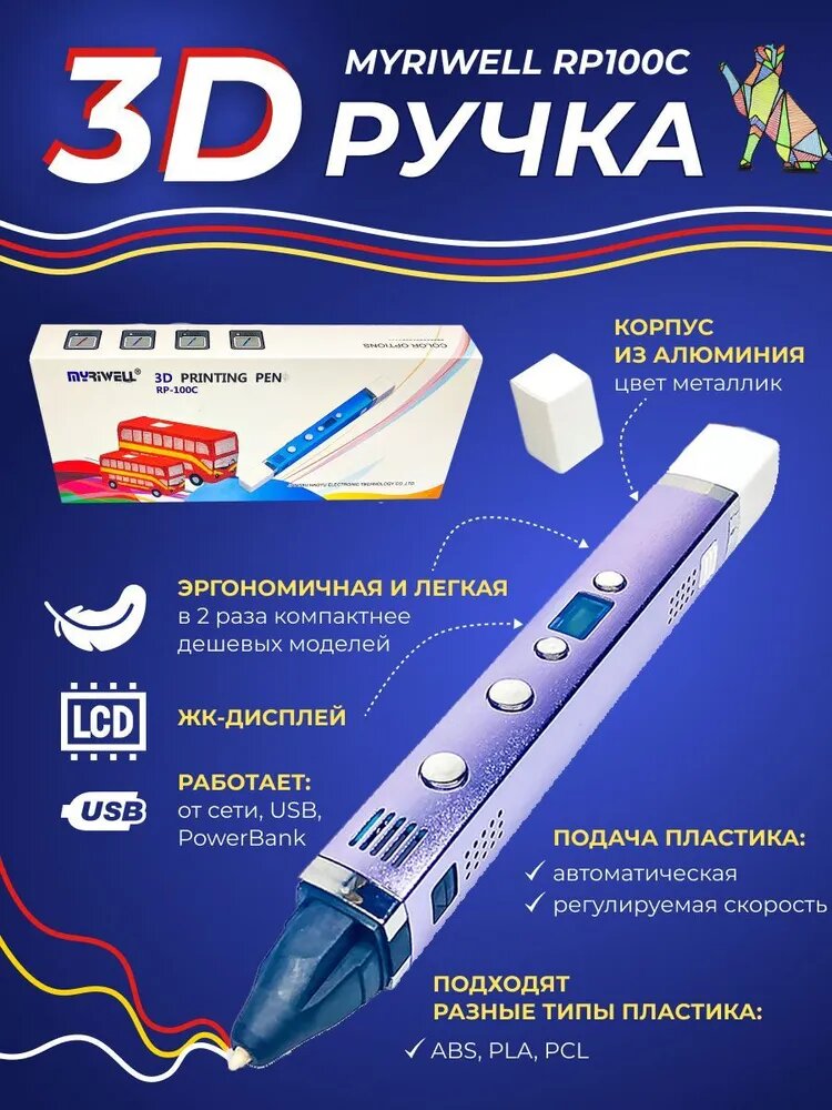 3D ручка Myriwell RP100C версия 2026 с возможностью работы с 3-мя видами пластика (фиолетовый)
