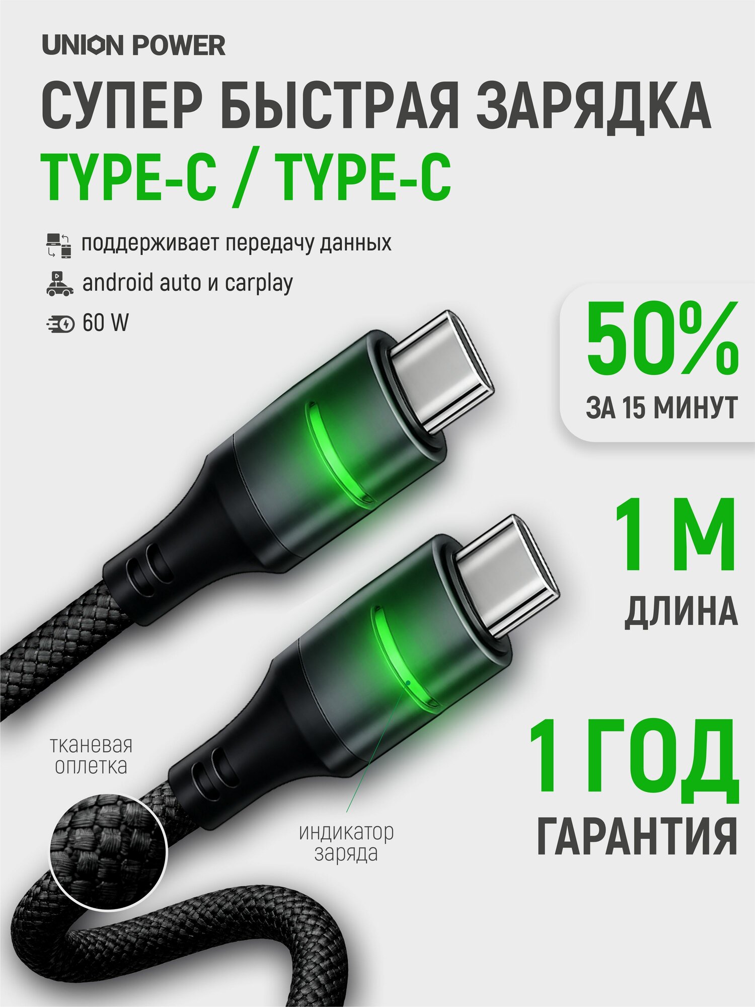 Провод type c type c 1 метр быстрая зарядка 60w с индикатором / черный - Union