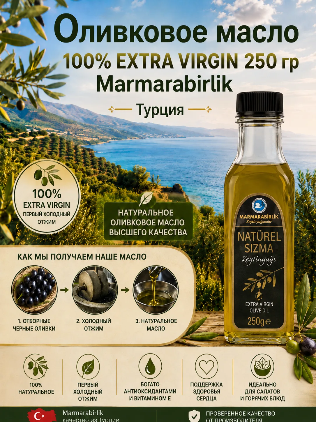 Оливковое масло Extra Virgin 250 гр. в стеклянной бутылке Marmarabirlik Турция