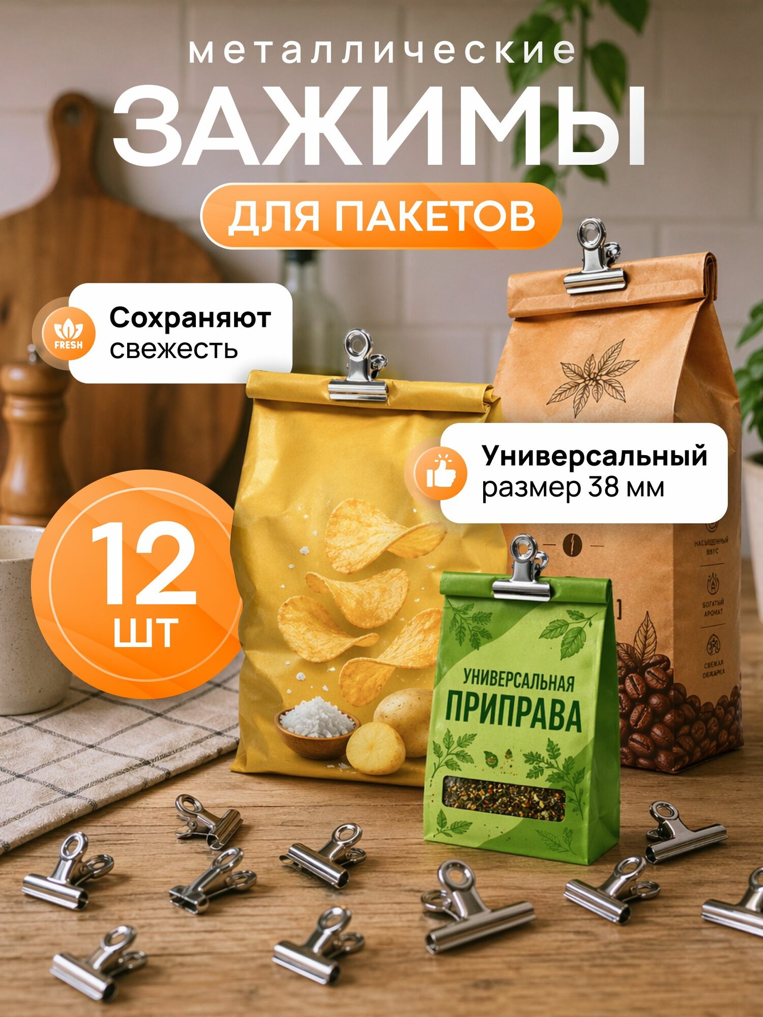 Зажимы для пакетов, металлические, ширина 38 мм, 12 штук в наборе
