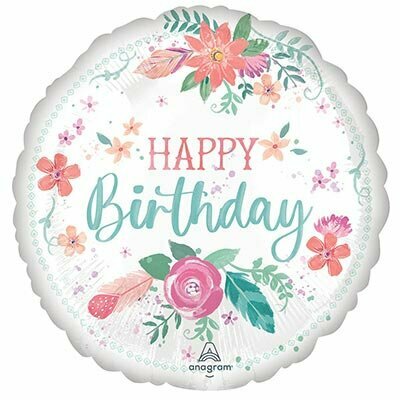 Воздушный шар фольгированный ANAGRAM круглый, с рисунком, 18", Happy Birthday, цветы нежные