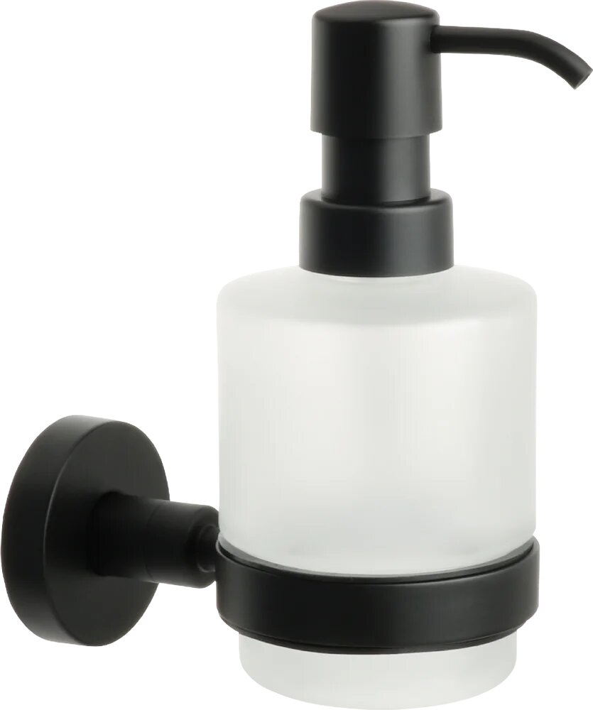 Дозатор для жидкого мыла Fixsen Comfort Black FX-86012 подвесной, механический, черный, матовый, стеклянный, из нержавеющей стали, круглый, диспенсер для мыла