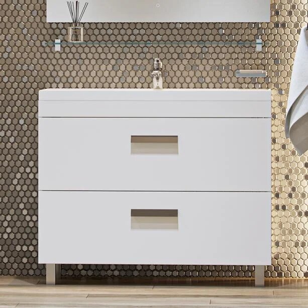 Тумба с раковиной Velvex Orlando 100 напольная, 100, 25 см, белая, матовая, из МДФ, с ящиками, раковина для ванной, из искусственного мрамора, прямоугольная