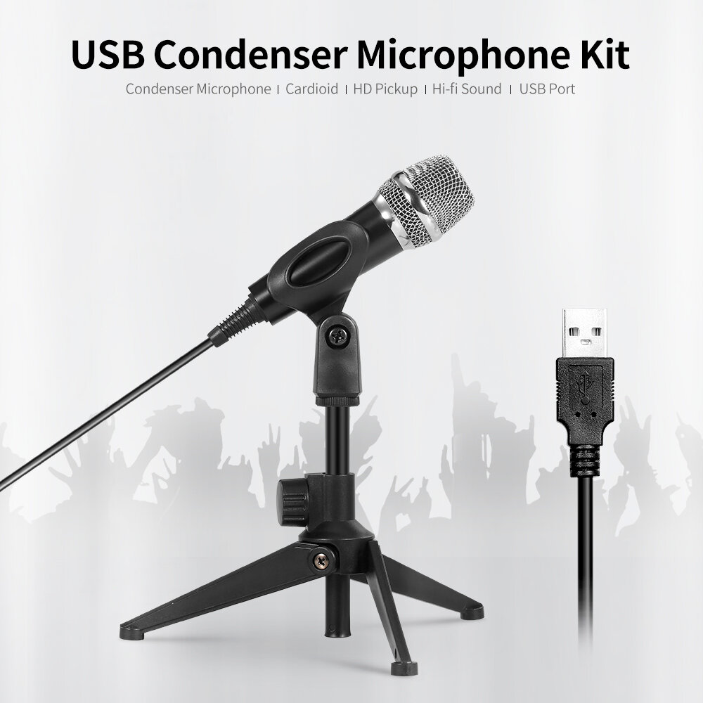 USB проводной конденсаторный микрофон, комплект с подставкой, для записи и караоке, черный