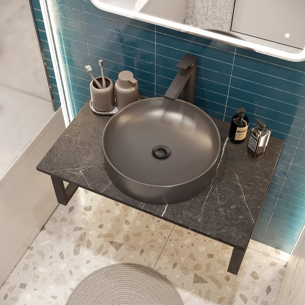 Раковина накладная STWORKI 3043-110 43 см, круглая, фаянсовая, раковина для ванной, черная