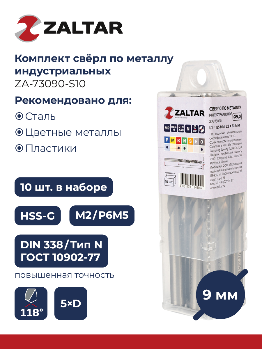Комплект свёрл по металлу индустриальных, 10 шт, DIN 338, HSS-G, Тип N, 5xD, 9.00 мм