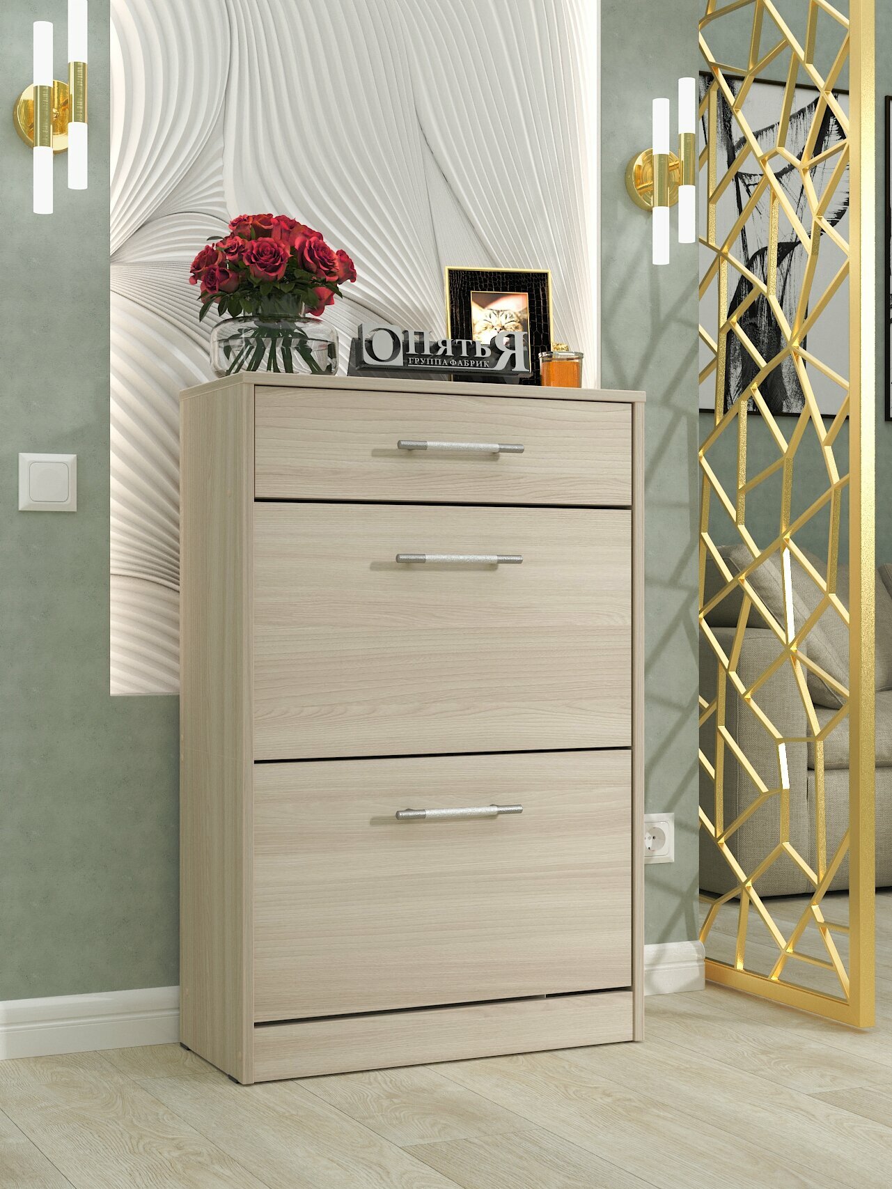 Тумба для обуви деревянная закрытая высокая, обувница в прихожую на 2 ящика + 1 ящик для акссесуаров