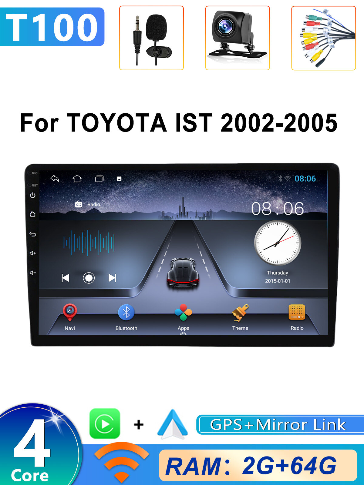 Автомагнитола Android подходит для TOYOTA IST 2002-2005, Bluetooth Wi-Fi Сенсорные кнопки , Серебристый CARPLAY IPS