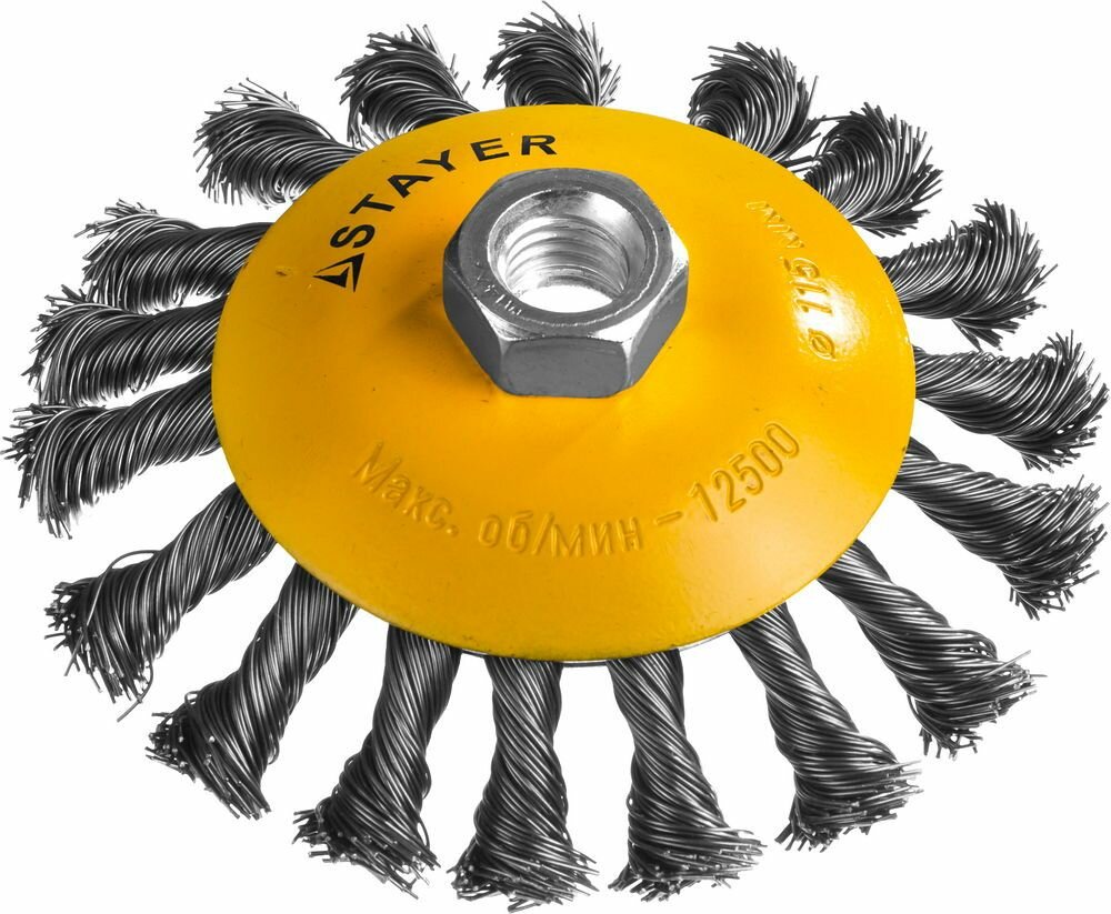 Щетка-крацовка STAYER, 115 мм, жгутированная стальная проволока 0.5 мм, коническая, для УШМ, профессиональная 35135-115