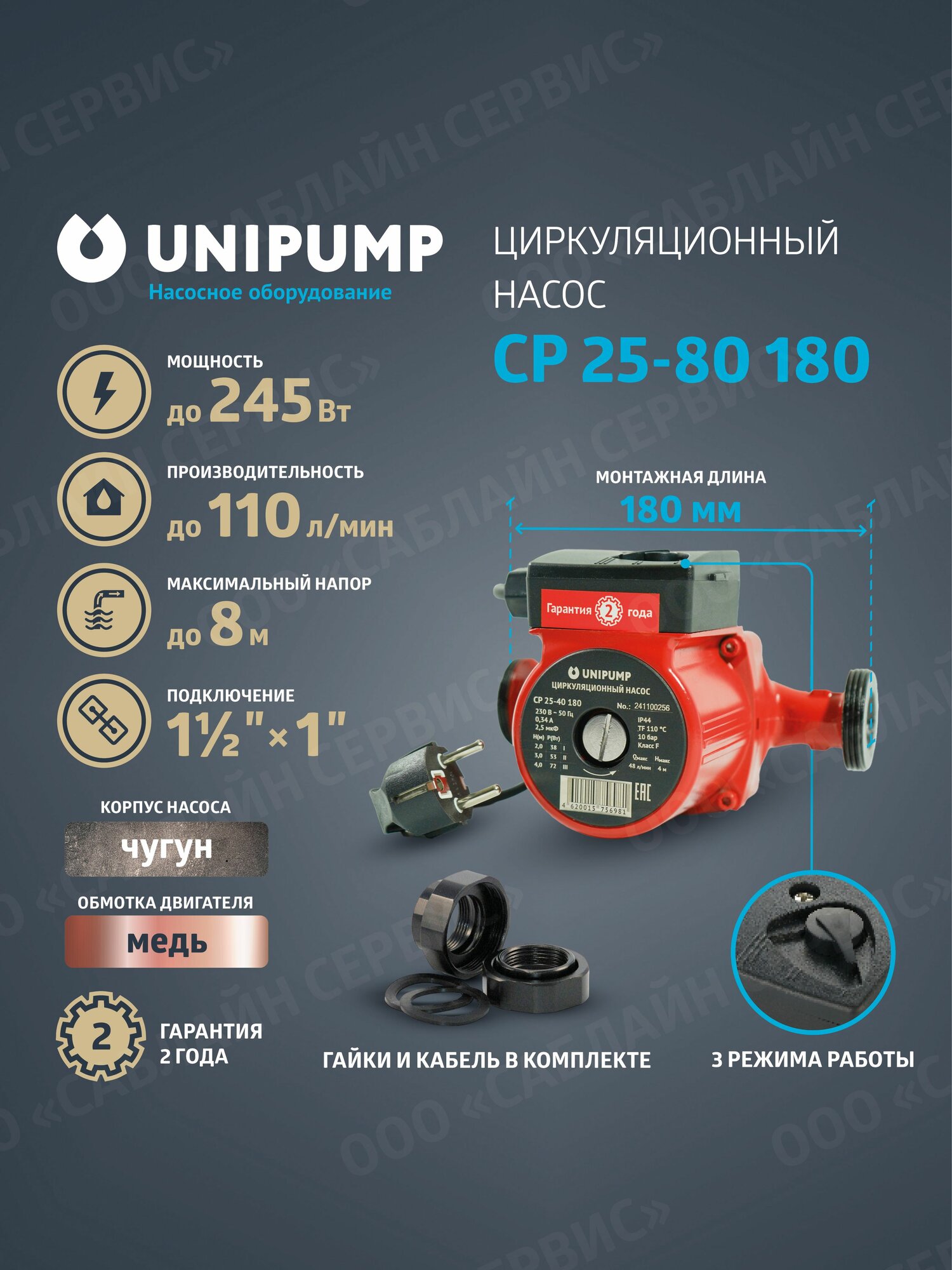 Циркуляционный насос UNIPUMP CP 25-80 180, 110 л/мин (для отопления, для водоснабжения)