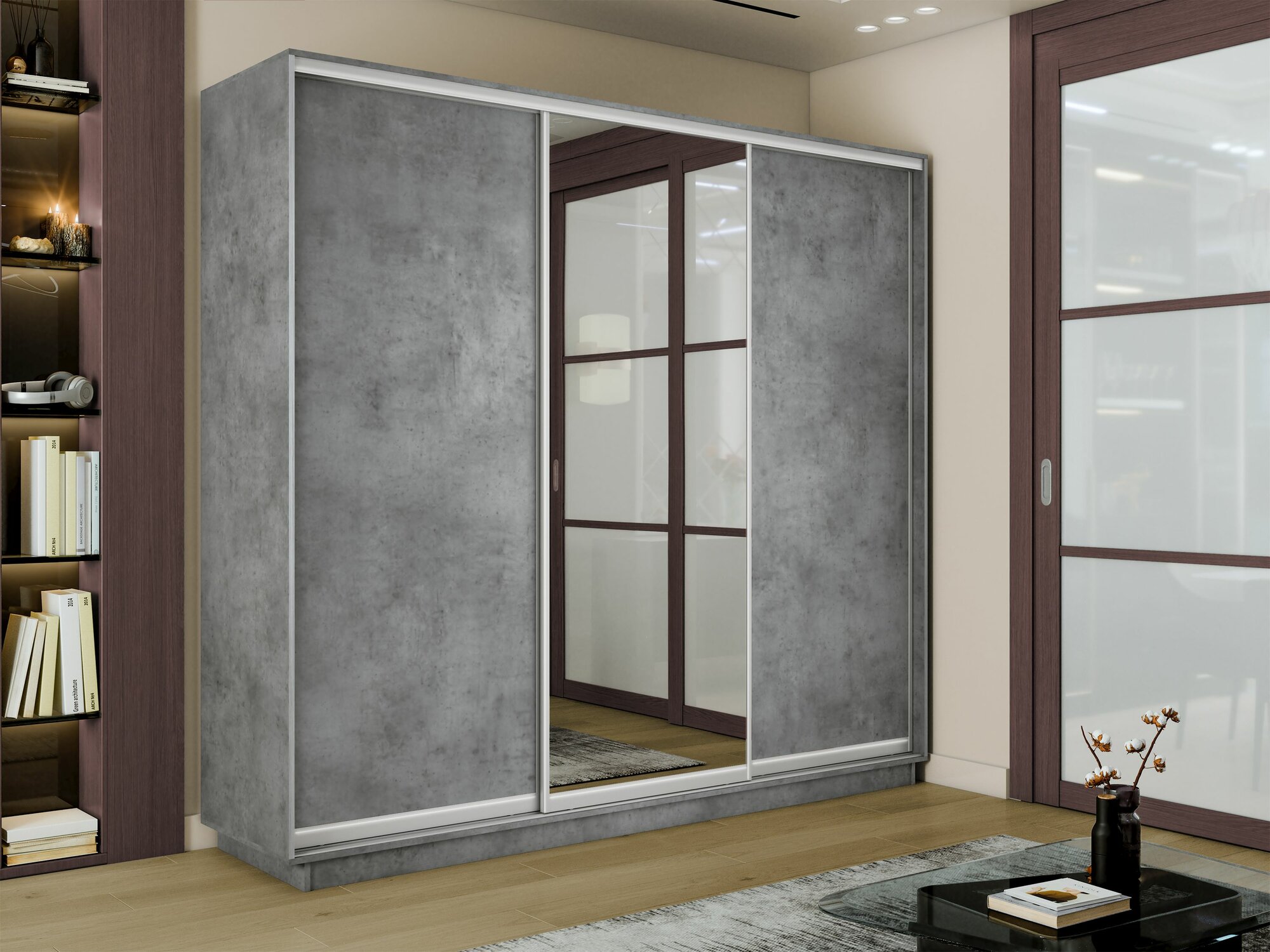 Шкаф купе Вилли 3-х дверный ЛДСП с зеркалом, профиль серебро 240 см х 240 см х 45 см (Бетон)