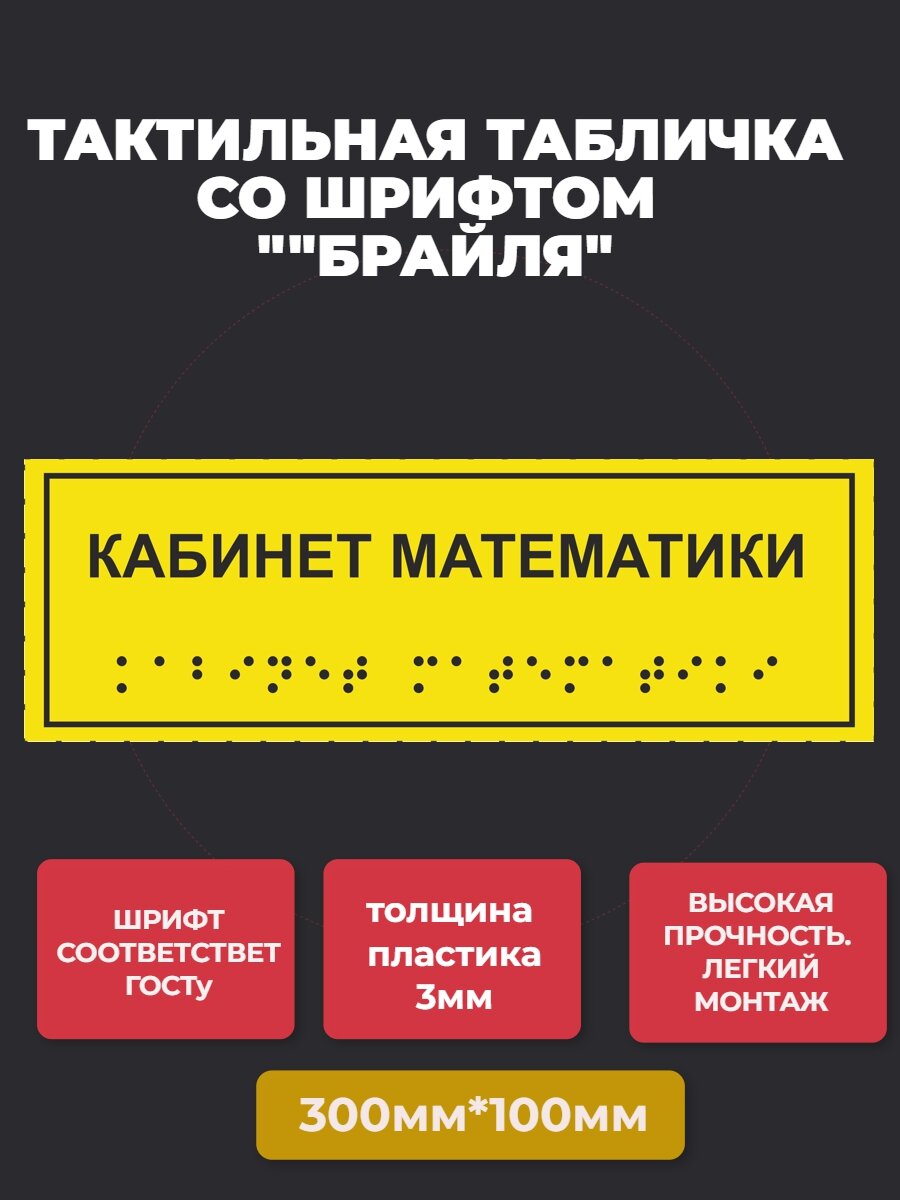Таблички Брайля / Тактильная табличка ГОСТ со шрифтом Брайля "кабинет математики" 300х100мм