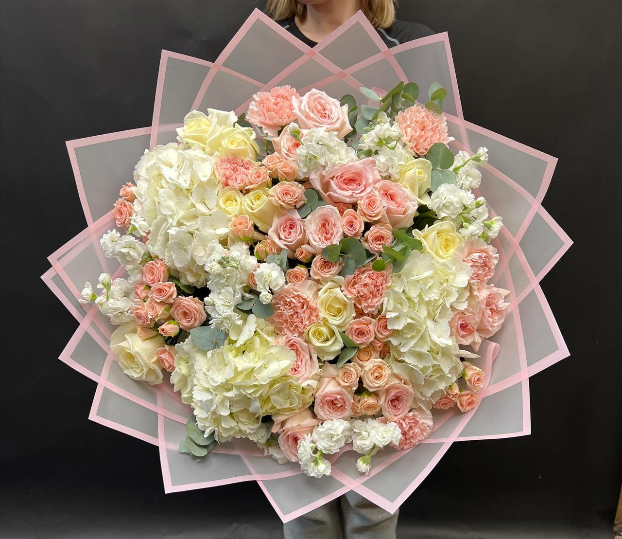 Розовый букет с розами и Гортензией