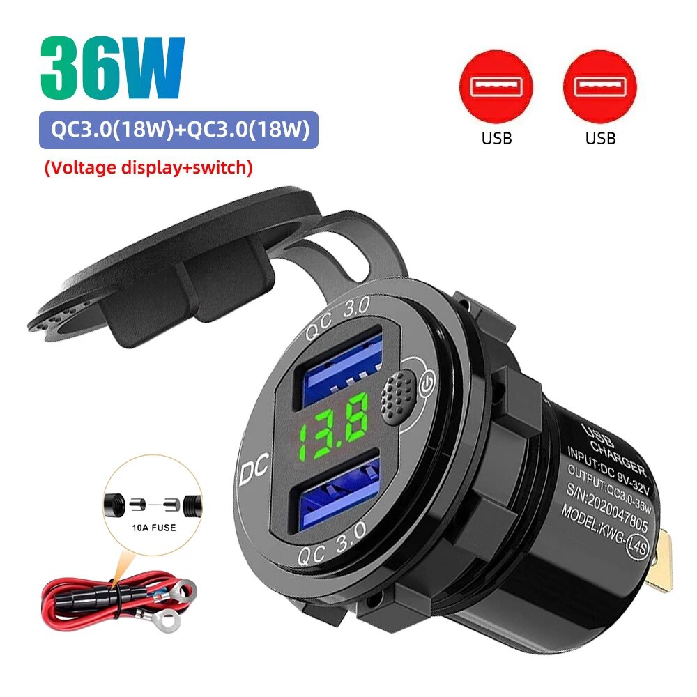 Алюминиевый 63 Вт PD и QC 3.0 с двумя USB-разъемами для автомобильного зарядного устройства, адаптер питания 12 В/24 В, адаптер для зарядки, водонепроницаемые порта быстрой зарядки, Green Dual USB wired