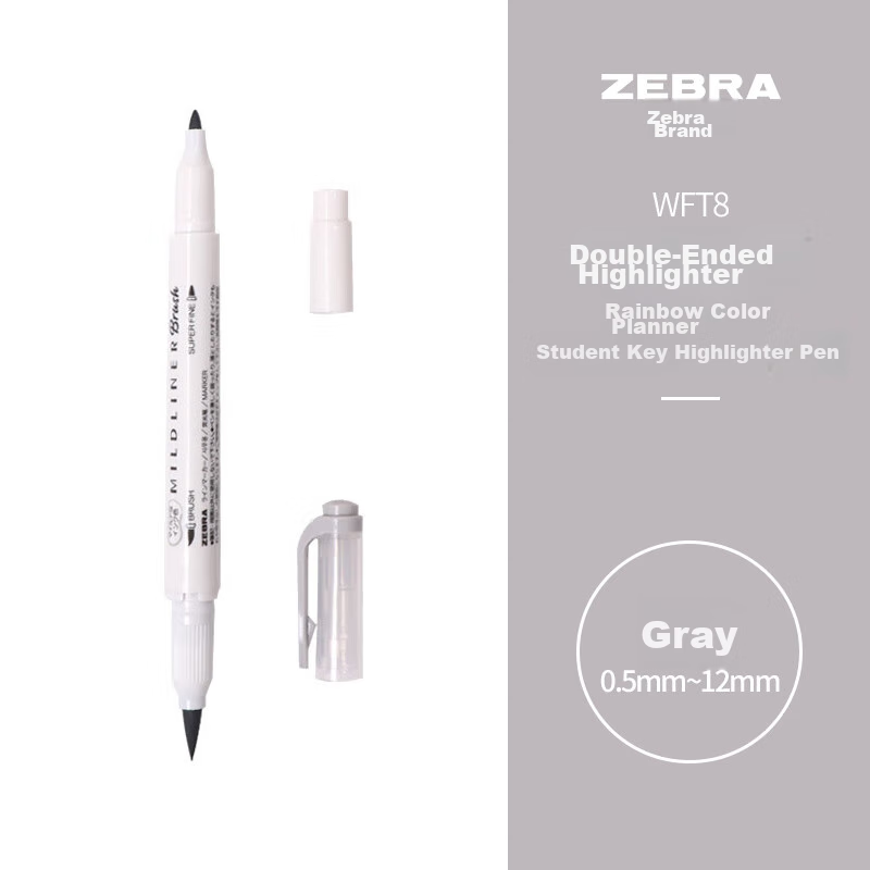 ZEBRA Dual-Tip Highlighter Pen, Rainbow Color Planner Pen, Student Highlighting Pen, Marking Pen, Brush Soft Color Series, WFT8, Gray