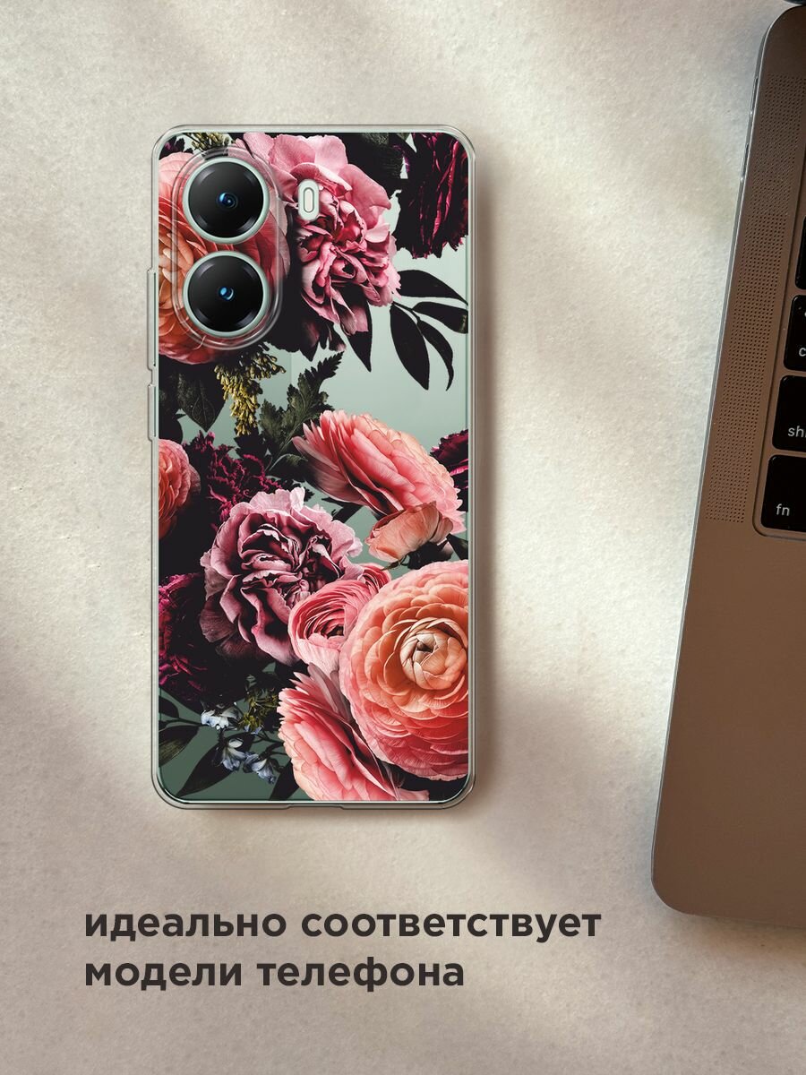 Чехол на Poco X7 Pro / Поко X7 Про с принтом "Бордовые винтажные цветы", прозрачный — фото 1