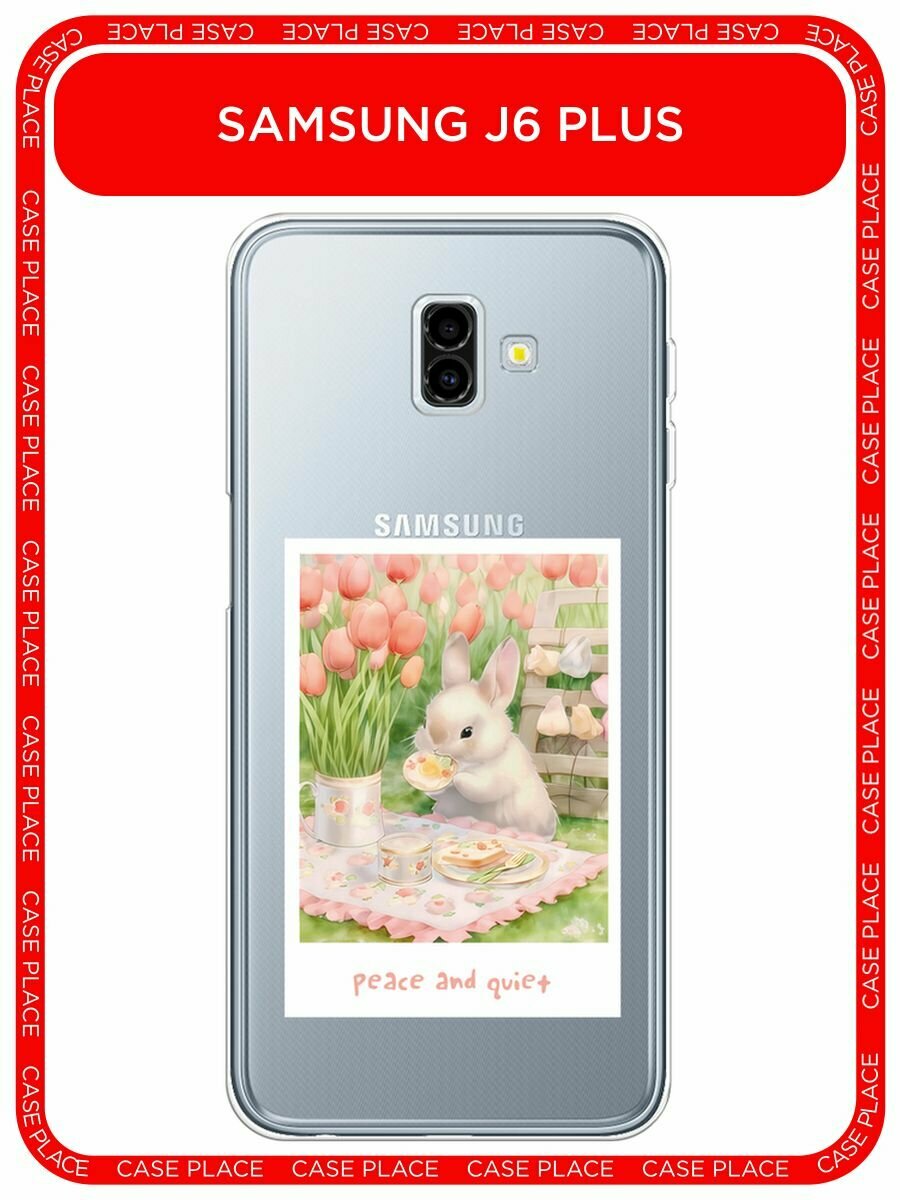 Чехол на Samsung Galaxy J6 + / Самсунг Галакси J6 Плюс 2018 с принтом "Кролик на пикнике", прозрачный