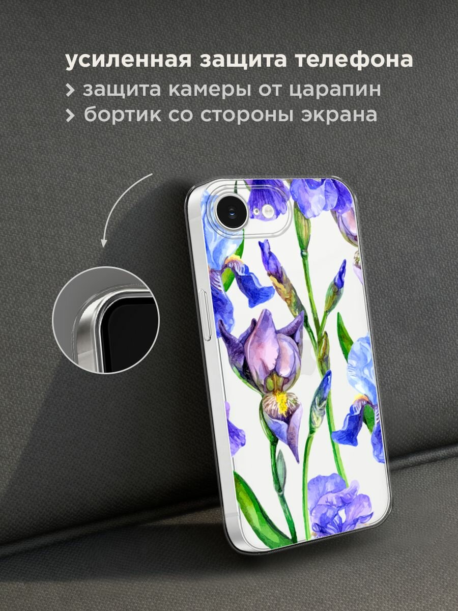 Чехол на Apple iPhone 16e/17e / Айфон 16е/17e с принтом "Синие ирисы", прозрачный — фото 1